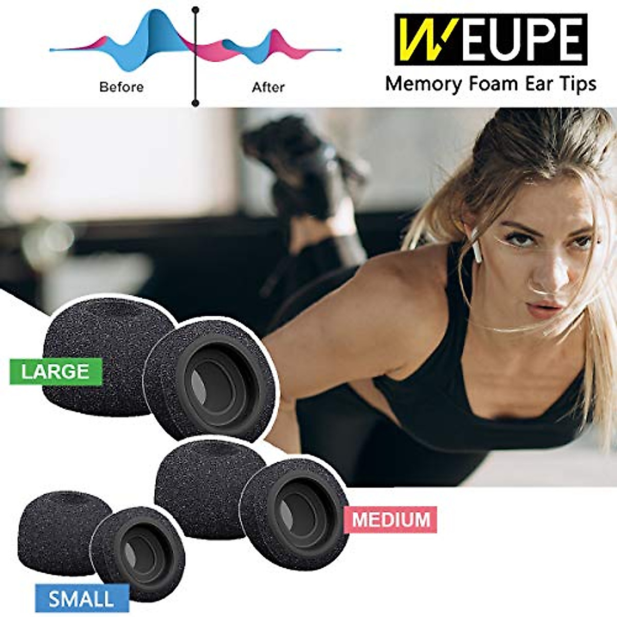 WEUPE Memory Foam Ear Tips Compatible with AirPods Pro, Replacement Earbud Tips Covers, Anti-Slip Eartips, 3 Pairs (S, M, L) (Black)