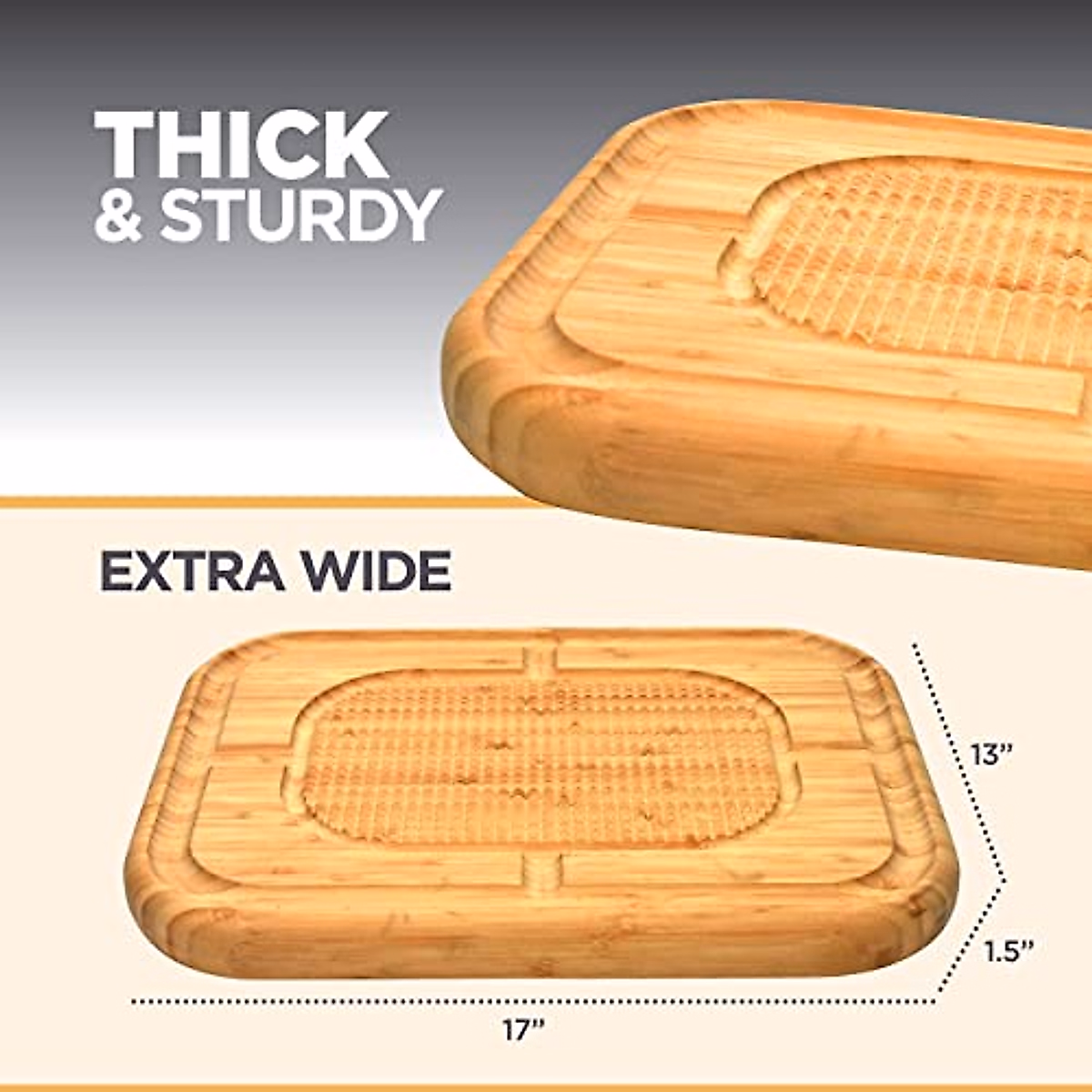 Meat Cutting Board with Juice Groove - Heavy Duty Bamboo Butcher Block Cutting Board - Large Wooden Kitchen Carving Board with Pyramid Design to Stabilize Meat - Reversible Design for Slicing Chopping