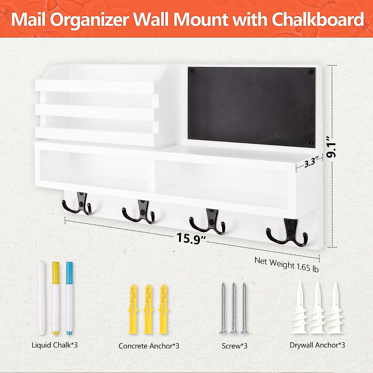 FIPUTE Key Holder for Wall, Wall Mounted Mail Holder Wooden with Shelf & 3 Liquid Chalks & Chalkboard, Mail Sorter Organizer, Rustic Home Decor - Entryway Living Room (15.98”W x 9.1”H x 3.3”D), White