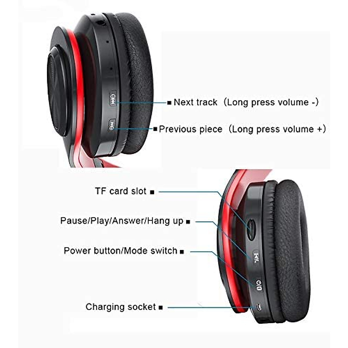 Bluetooth Headphones Over Ear Headphones with Deep Bass LED Foldable Stereo Headphones, Wired and Wireless Headset for Smart Phone/TV/PC(Red/Black)