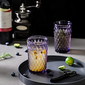 EVEREST GLOBAL Purple Highball Drinking Glasses set of 6 Colored Glass cups 11oz Embossed with Geometric Diamond Pattern Solid Color Vintage Water for Tea Juice and More