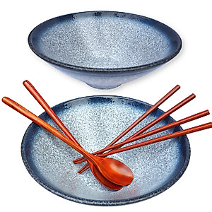 Evovee Japanese Ramen Bowls and Spoons Set 60 oz Ceramic Extra Large Asian Noodle Bowls Ramen Bowls and chopsticks and spoons set of 2 Japanese Bowls Pho Bowl Ramen Bowl Set 9 inch Blue