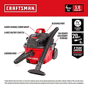 CRAFTSMAN CMXEVBE17040 4 Gallon 5.0 Peak HP Wet Dry Vac, Portable Shop Vacuum Wet and Dry with Filter, Hose and Attachments for Home and Automotive Cleaning