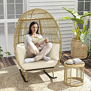 DWVO Outdoor Rocking Egg Chair, Patio Rocking Chair Oversized, 370lb Capacity, Anti-Slip, All-Weather Wicker Egg Lounger Chair for Indoor, Outside (Beige)
