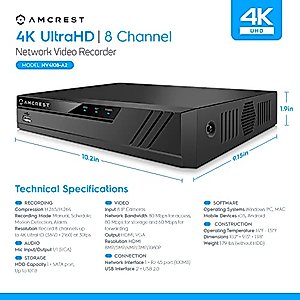 Amcrest NV4108-A2 4K 8CH NVR (1080p/3MP/4MP/5MP/8MP) POE Network Video Recorder - Supports up to 8 x 8MP/4K IP Cameras, 8-Channel, Supports up to 10TB Hard Drive (No Built-in WiFi)