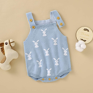 Baby Girl Boy Easter Bunny Romper Sleeveless Knitted Bodysuit Jumpsuit My 1st Easter Outfit Cute Clothes (Rabbit Onesie- Blue, 6-12 Months)