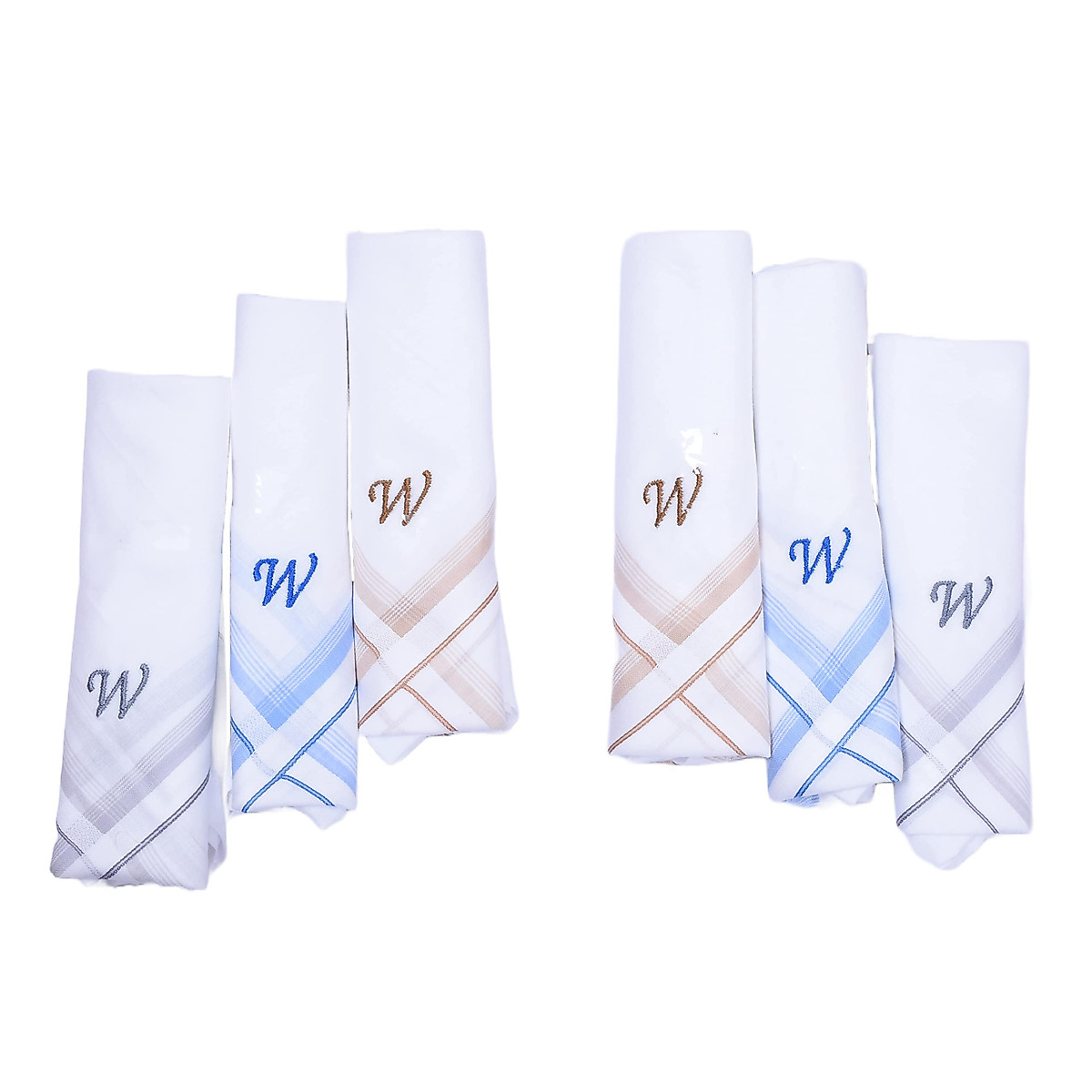 ANTONIA Personalized Handkerchief Cotton for Men with Embroidered W Initials Alphabets for Wedding, Gift, and Formal Occasions (Pack of 6) Multi Color