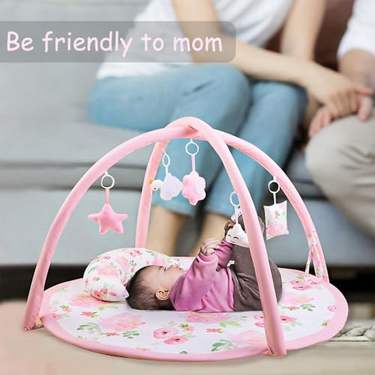 Baby Gym Infant Play Mat for Newborn Toddler Activity Gym Baby Play Gym with 5 Toys, Thicker Mat Washable