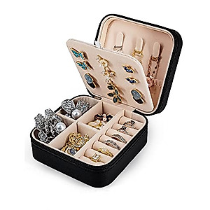 FireKylin Travel Jewelry Case for Women, Small Jewelry Box for Travelling, PU Leather Ring Earring Necklace Bracelet Holder Organizer (Black)