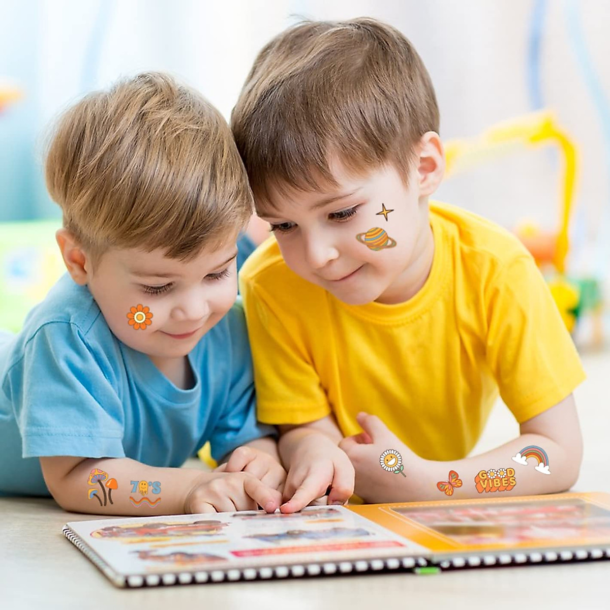 75Pcs Groovy 70s Temporary Tattoos for Kids, Hippie Tattoo Stickers, Birthday Party Favors Decorations Supplies for Boys Girls, Flower Power Good Vibes Smile Love Rainbow Arts and Crafts