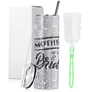 Jinei Wedding Gift Bride Tumbler 20 oz Bling Bridal Insulated Tumbler with Straw and Lid Brush Diamond Rhinestone Water Bottle for Wedding(Mother of the Bride)