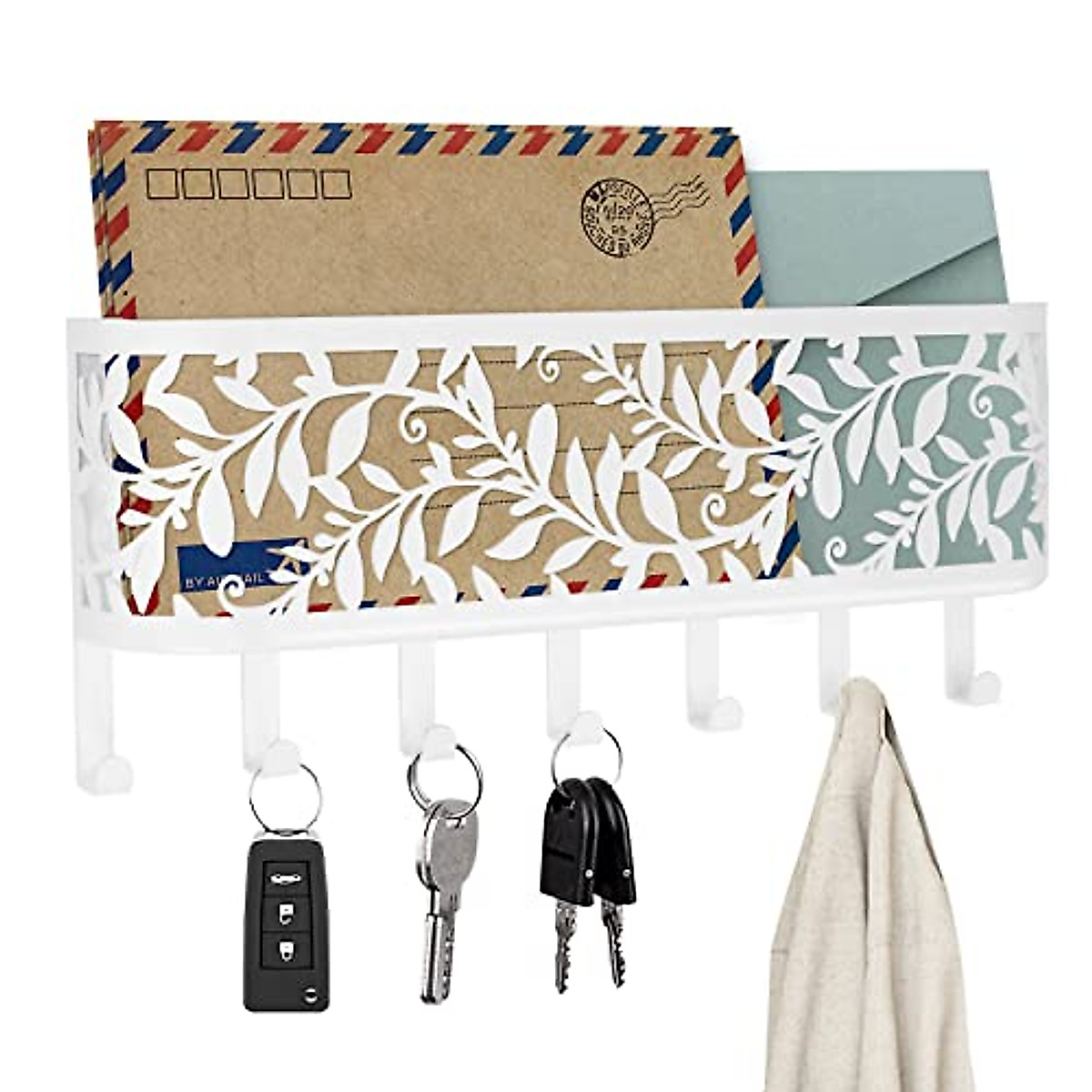 WYTAOHZL Key Holder for Wall Mail and Key Holder for Wall with 7 Key Hooks 11X4.6X2Inches Eucalyptus Design Mail Organizer Wall Mount Key Holder White Metal Key Hooks Key Hangers for Home Decorative