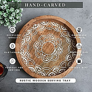 ARIJA Rustic Wooden Serving Tray with Handle - Designer, Decorative Wooden Carved Ottoman Tray for Coffee, Tea, Drinks Serving with Handles - Rustic Home décor, Boho Décor Serving Tray