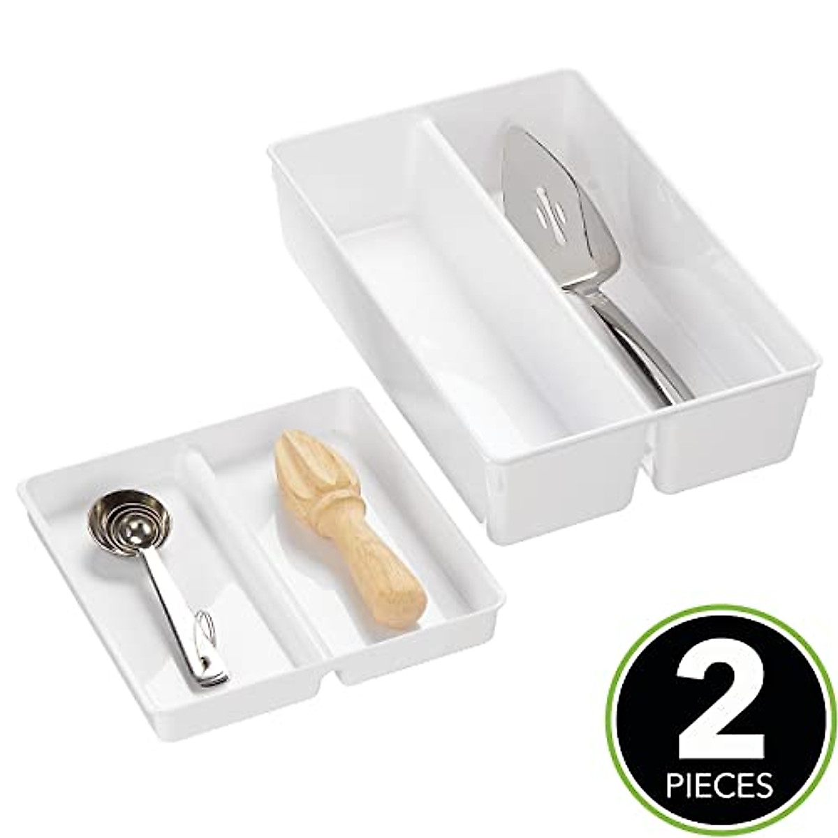 mDesign Plastic Stackable Kitchen Storage Drawer Organizer Bin with 2-Tier Tray for Cabinet, Pantry, Drawer, Refrigerator, Freezer - Hold Utensils, Flatware, Appliances - Ligne Collection - White