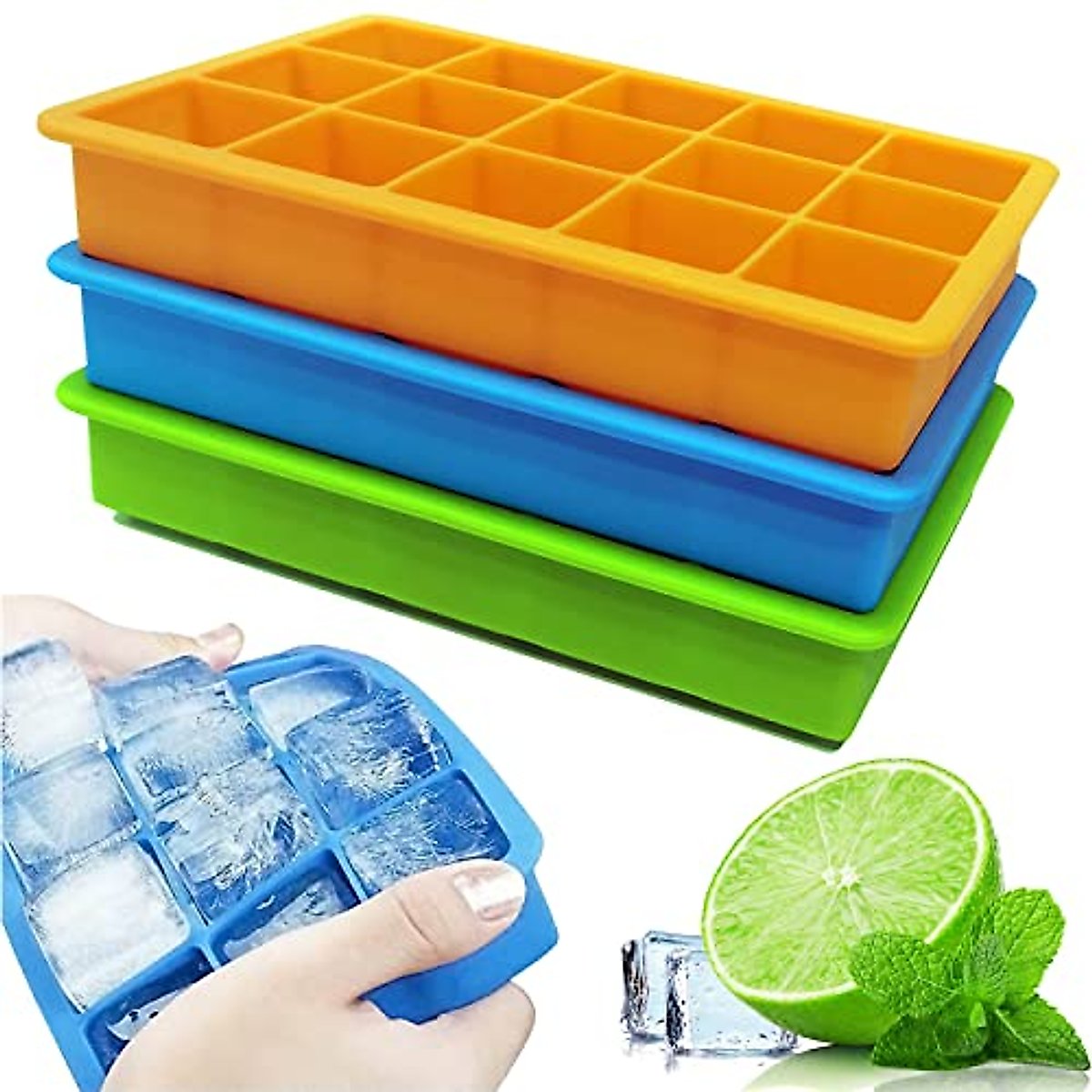 Ice Cube Tray 3 Pack Silicone Ice Tray Easy-Release Flexible 15 Ice Cube Molds, Stackable Ice Trays for Freezer, Ice Cube Size 1.2 IN for Cocktai, Whiskey, Juice, Baby Food, BPA Free