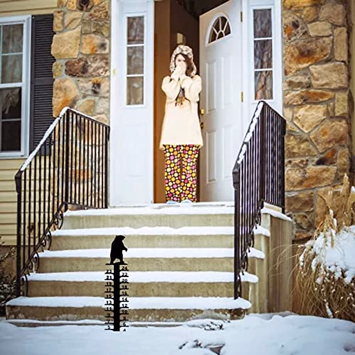 Pomobie 9.45 Inch Bear Gauge for Snow Measurement Snow Gauge, Handmade Metal Snow Measuring Stick Garden Stakes for Yard Christmas Holiday Snow Gauge Outdoor Decoration Gift (K)