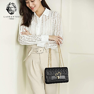 LAORENTOU Cowhide Shoulder Bag for Women Leather Small Satchel Crossbody Bag Quilted Purses With Chain Strap