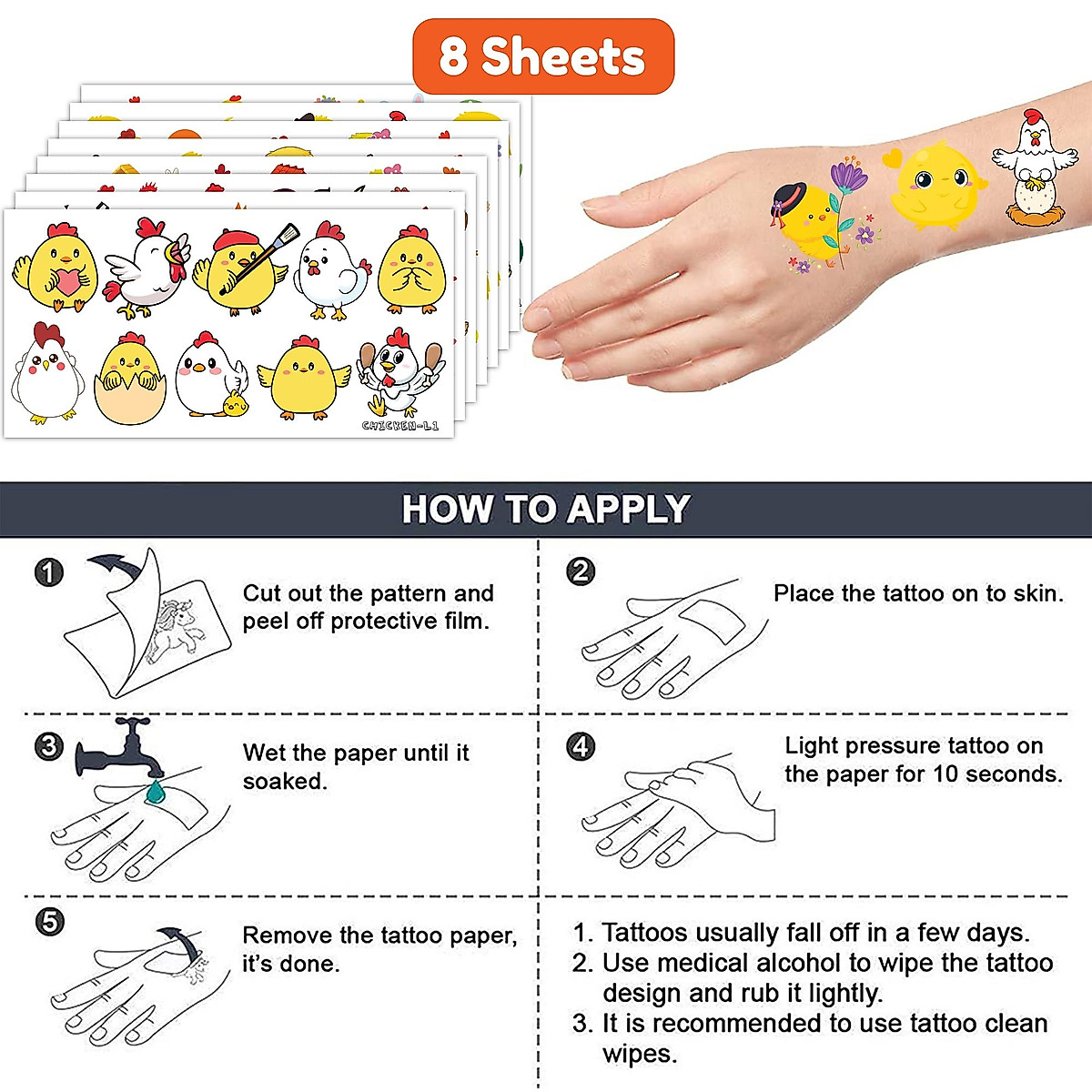 Chicken Temporary Tattoos Sticker for Kids 8 Sheet (80 Pcs) Yellow Farm Themed Birthday Party Decorations Supplies Favors Gifts Ideas for Girls Boys Baby Showers Cute Fake Tattoo Classroom Reward