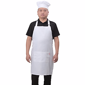 ALIPOBO Bib Aprons Set for Women and Men, Kitchen Chef Apron with 2 Pockets and 40" Long Ties, Plus Size Adjustable Apron and Hat for Cooking - 32" x 28" - White