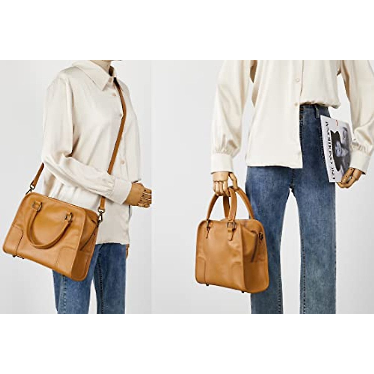 Vintage Leather Top Handle Handbags For Women Cowhide Satchel Shoulder Purse With Removable Strap (2-Brown)