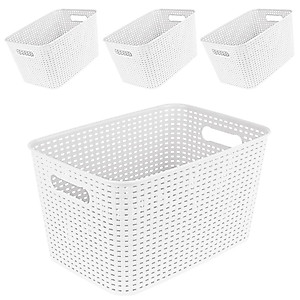 MBKO Plastic Storage Basket - Kitchen Office Pantry Organizer Bins (Large-4PK, White)