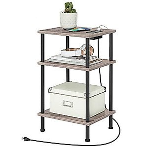 HOOBRO Set of 2 Side Tables with Charging Station and USB Ports, 3-Layer Stackable Nightstands, End Tables for Small Spaces in Bedroom, Living Room, Industrial Style, Greige and Black BG10UBZP201