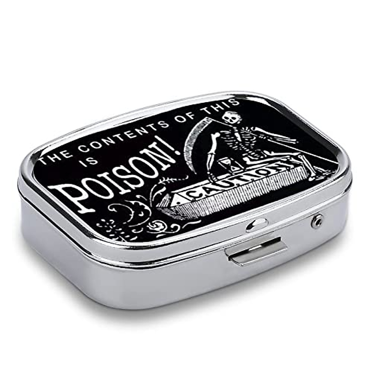 HOMETRIP Metal 2 Compartment Pill Organizer Travel Friendly Portable Compact Box Cute Case to Hold Vitamins/Tylenol/Fish Oil/Supplements/Meds/Tablet (Poison Caution), 1.97 x 0.79 x 0.39 Inch