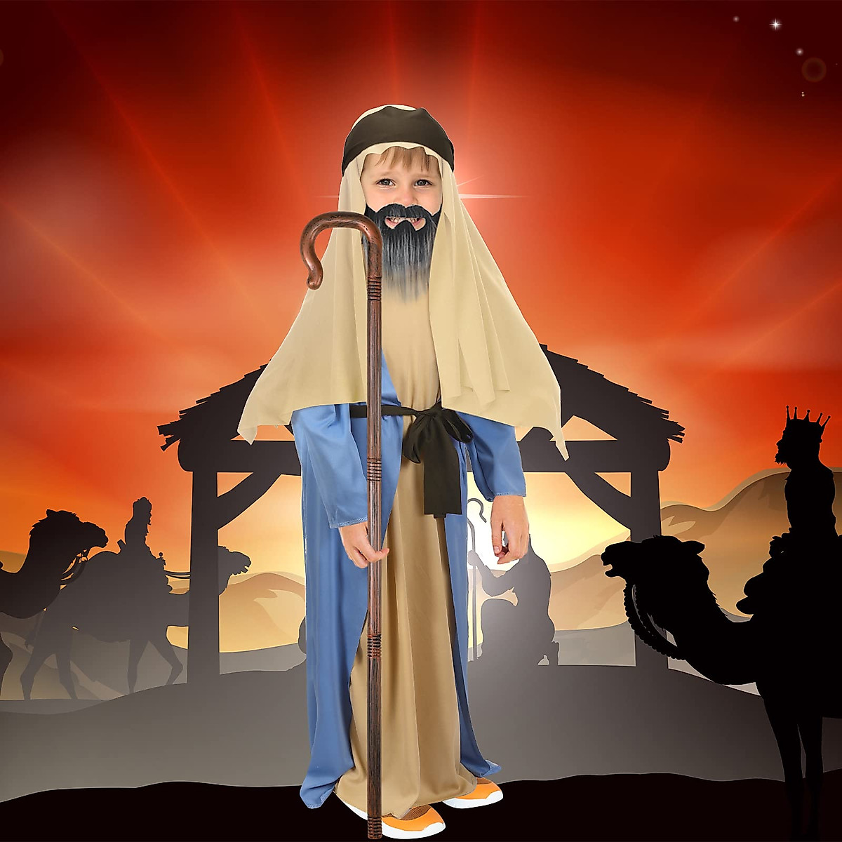 Patelai 6 Pcs Child Shepherd Costume Kids Child Costume with Robe Lining Scarf Sash Cane Beard for Halloween Cosplay(Medium)