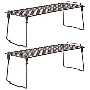 mDesign Metal Stackable Storage Shelf - 2 Tier Raised Food and Kitchen Organizer for Cabinets, Pantry Shelves, Countertops, Closet, 2 Pack, 7" x 17.3" x 6.5" - Bronze