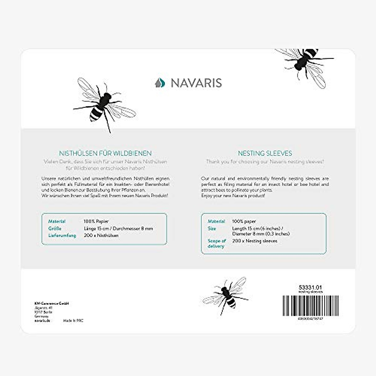 Navaris Cardboard Bee Nesting Tubes (Pack of 200) - 6" Long x 5/16" Diameter Tube for Mason Solitary Bees - for Filling Insect Hotels and Bug Houses