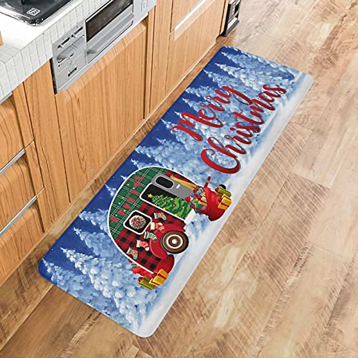 Libaoge Kitchen Mat Rug 1 PCS Merry Christmas Tree Gift Red and Green Camper in Snow Runner Rug Anti-Fatigue Comfort Memory Foam Standing Mat Non-Slip Floor Door Mat for Bathroom Bedroom 16x47in