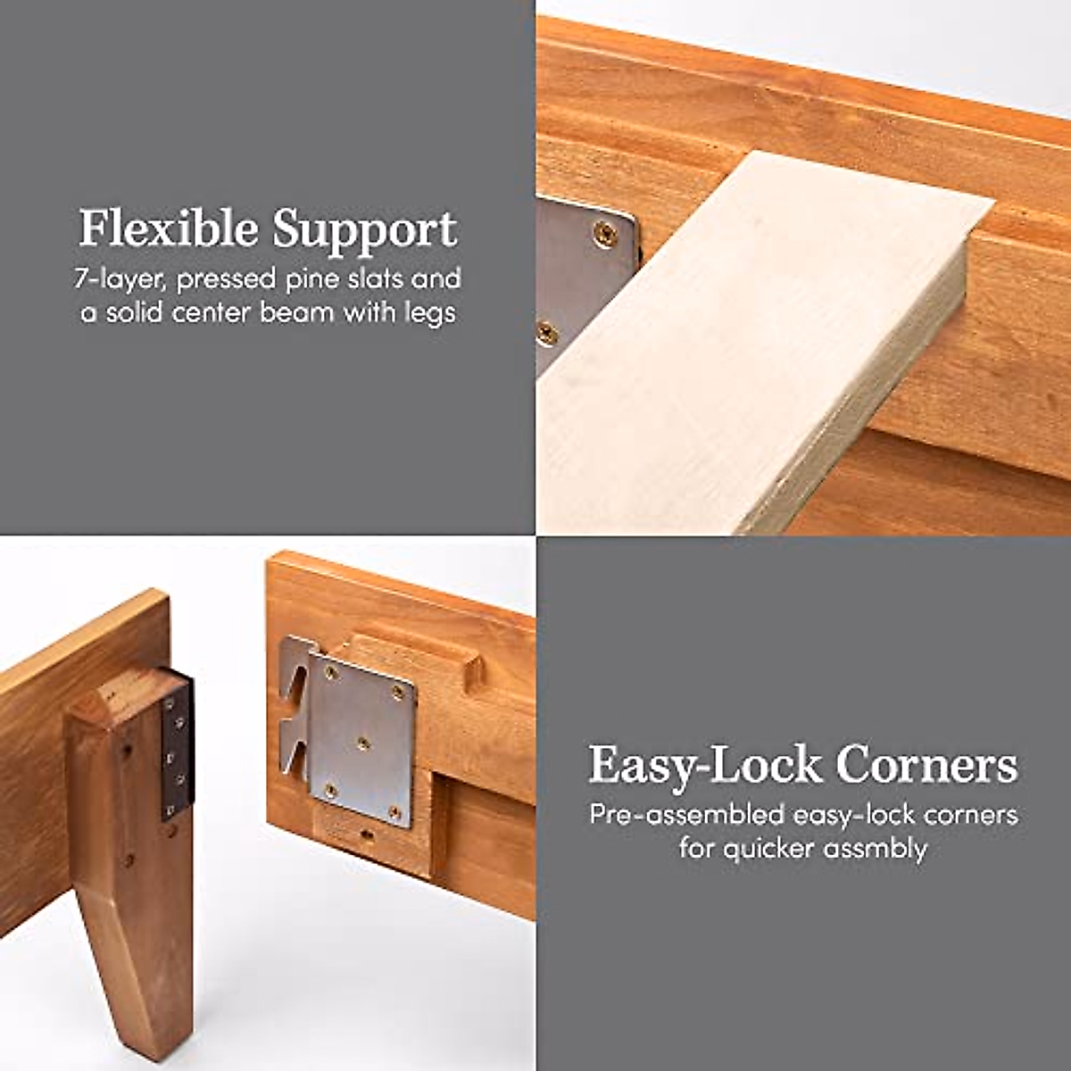 eLuxurySupply Wood Bed Frame – Made with 100% New Zealand Pine - Solid Mattress Platform Foundation w/Pressed Pine Slats - Easy Assembly – King (Almond)