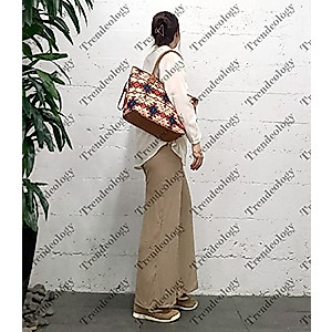 Boho Tassel Leaf Charm Aztec & Stripe Print Canvas Satchel Tote Handbag Purse (Extra Large 3 in 1 Tote - Red/Blue Pattern)