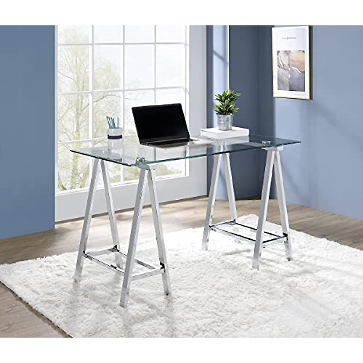 OSP Home Furnishings Middleton 47 Inch Desk with Clear Beveled Glass Top, Chrome Base
