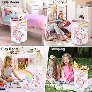 Clastyle Large Rainbow Unicorn Kid Laundry Hamper for Girl Collapsible Pink Flower Clothes Toy Storage Basket with Lid for Nursery