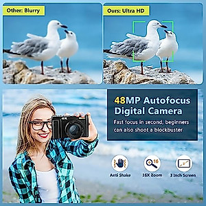 4K Digital Camera for Photography Autofocus, 48MP Vlogging Camera with SD Card Anti-Shake, 3'' 180° Flip Screen Compact Video Camera for Travel, 16X Zoom Digital Camera for Teens with Flash