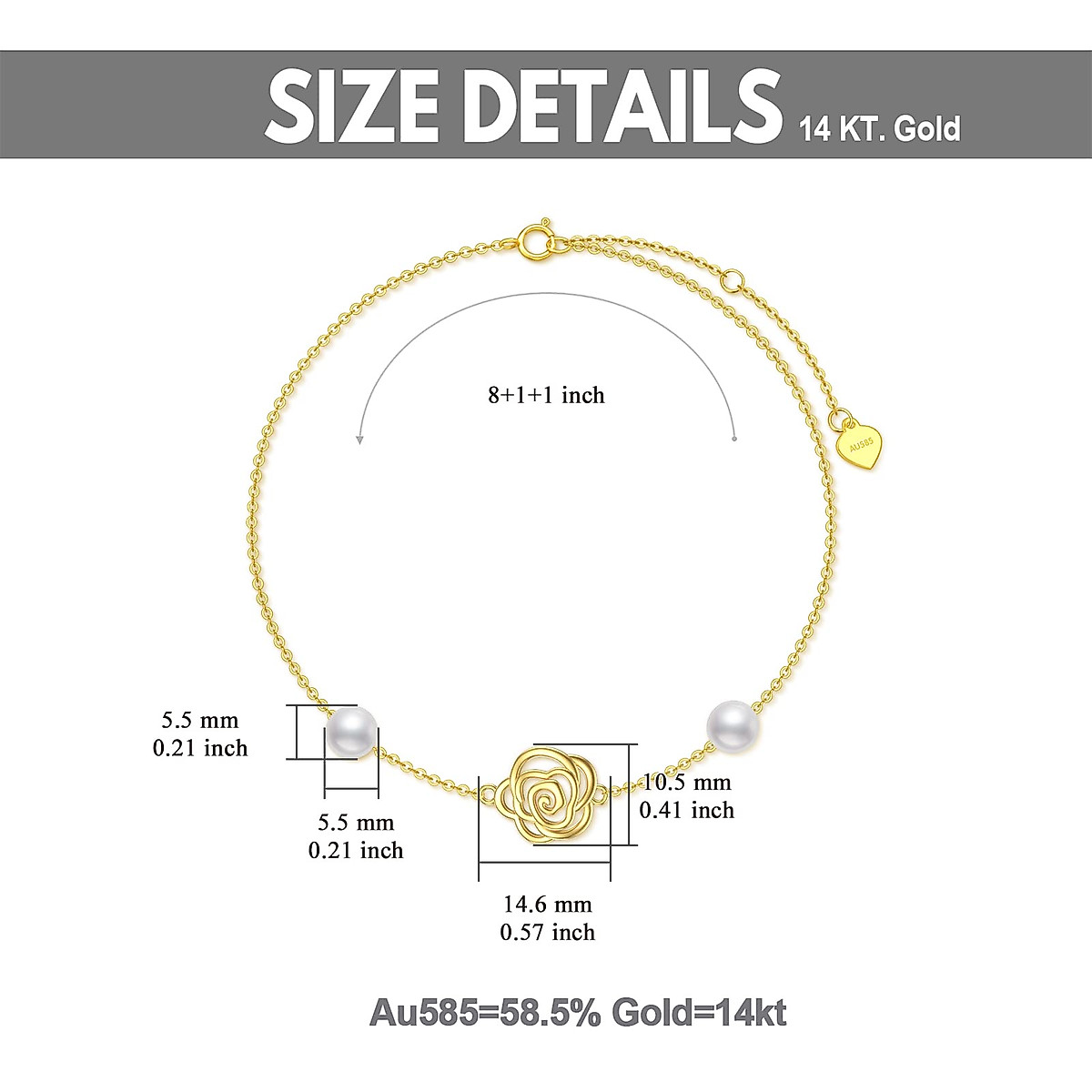 FENCCI Solid 14K Gold Rose Anklet for Women, Real Gold Rose Flower Pearl Anklets Bracelets for Women Foot Jewelry Mothers Day Gift for Mom Her Wife, 8+1+1 Inch