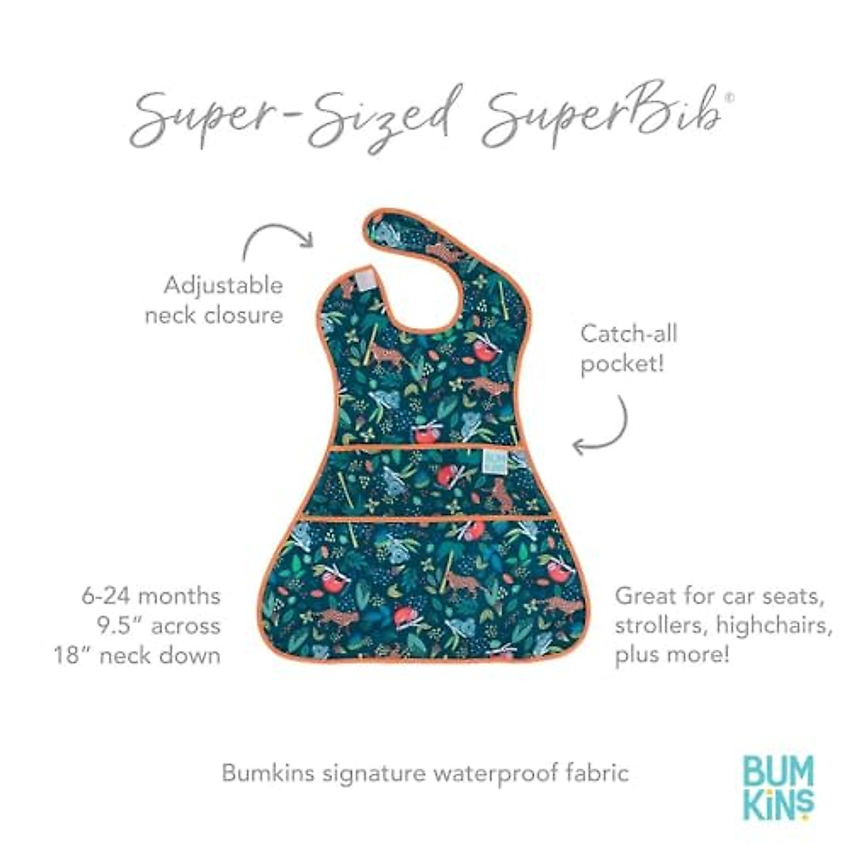 Bumkins Bibs for Girl or Boy, SuperBib Baby and Toddler for 6-24 Months, Full Cover Large Oversize, Essential Must Have for Eating, Feeding, Car Seat, Baby Led Weaning Supplies, Mess Saving, Jungle