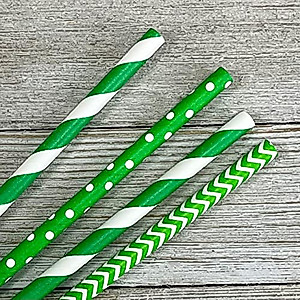Green and White Paper Straws - Stripe Chevron Polka Dot - Birthday Christmas St Patrick's Day Supply - 100 Pack Outside the Box Papers