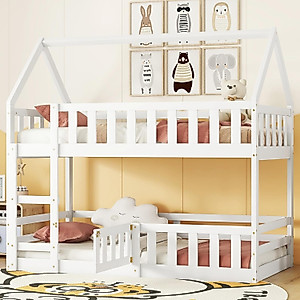 MERITLINE House Bunk Bed with Fence and Door, Wood Kids Bunk Beds Twin Over Twin with Roof, Floor Bunk Bed Loft Beds for Girls Boys, Easy Assembly, White