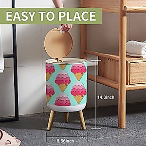 Small Trash Can with Lid Seamless of Ice cream cones 3d Paper cut style Summer dessert Wood Legs Press Cover Garbage Bin Round Waste Bin Wastebasket for Kitchen Bathroom Office 7L/1.8 Gallon