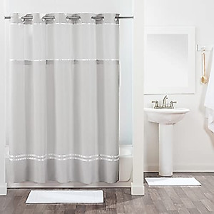 Hookless Monterey Fabric Shower Curtain Set with PEVA Snap-in Liner and Window, No Hooks Required, 71 x 74, Grey/White Color