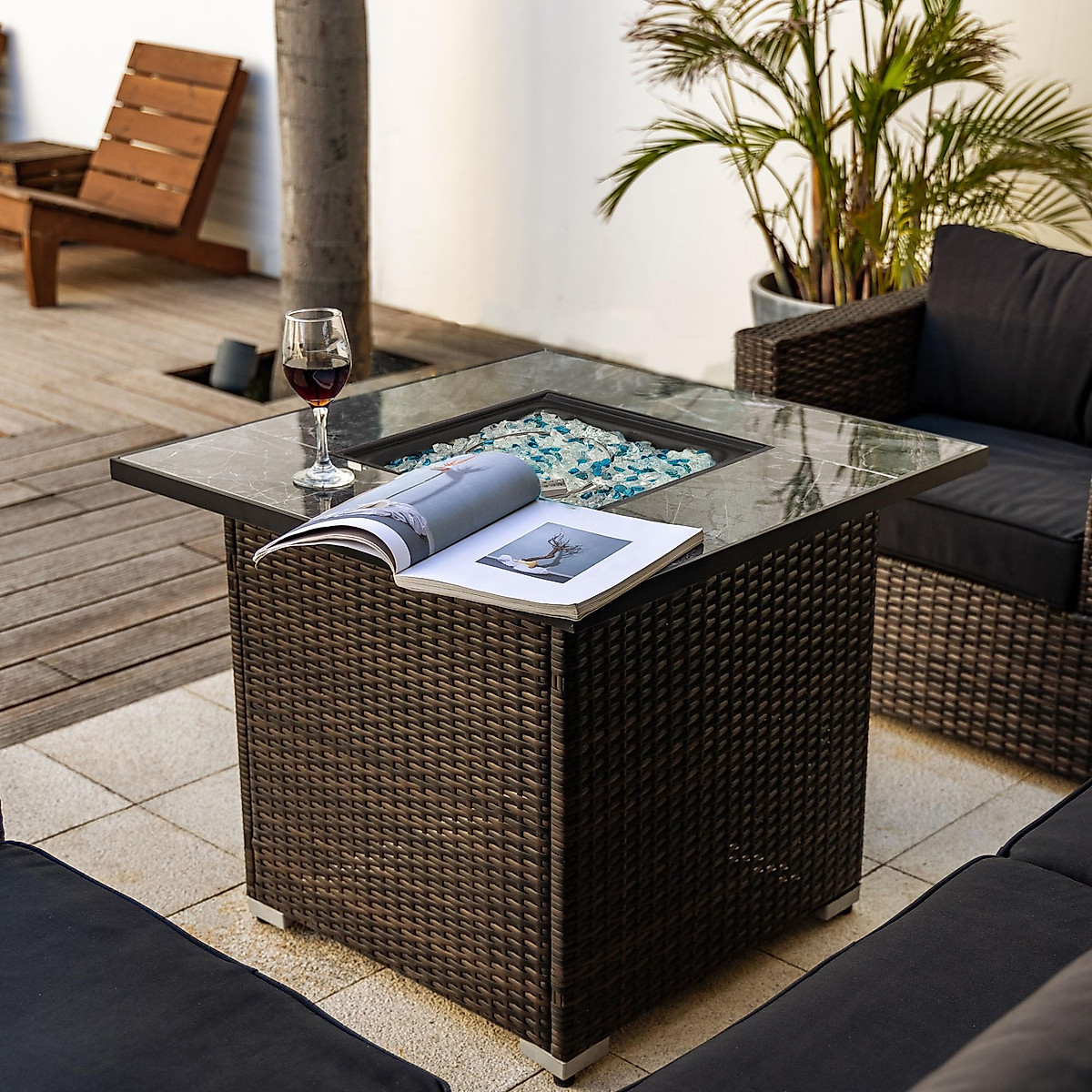 30 in. Outdoor Square Brown Wicker Fire Table Propane Gas Fire Pit Table with Lid Gas Fire Pit Table with Glass Rocks & Rain Cover