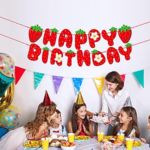 MEETINGU Strawberry Happy Birthday Banner, Strawberry Themed Birthday Party Decoration, Berry Sweet Girl Party Decoration
