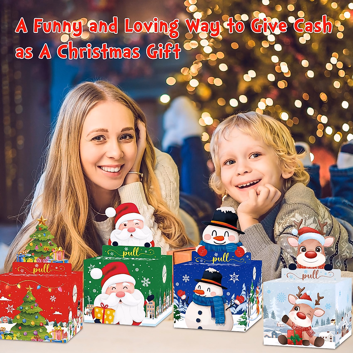 Meiidoshine 4 Pack Christmas Money Box for Cash Gift Pull, Surprise Money Holder for Kids Adults with 200Pcs Transparent Bags - Fun Ways to Give Cash As A Gift for Your Loved Ones
