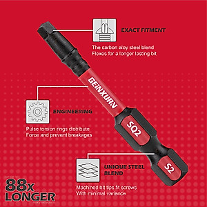 GEINXURN Impact Tough #2 Square 2 in. Insert Driver Bits,50Pack SQ2 Screwdriver Bits Set 2”Long with 1Pcs Impact Bit Holder,Bulk