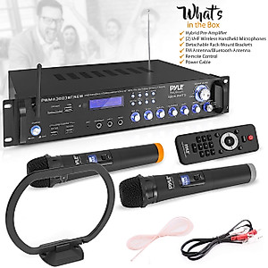 Pyle 3000W Bluetooth Hybrid Speaker-High-Powered Pre-Amplifier w/ 2 VHF Wireless Handheld Microphones, MP3/Aux/USB/SD Readers/FM Radio/Rack Mount Design w/LED Backlight PWMA3003BT