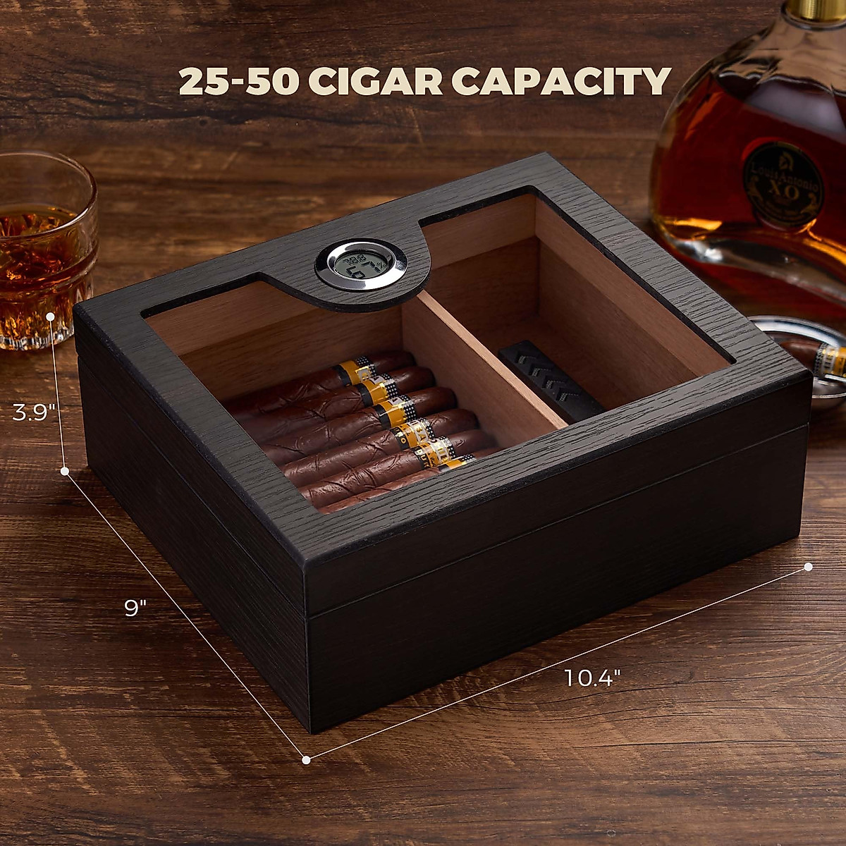 Humidor Cigar Box for 25-50 Cigars with Lighter, Cutter and Ashtray, Digital Hygrometer and Humidifier, Spanish Cedar Lining and Divider, Cigar Accessories Gifts for Men