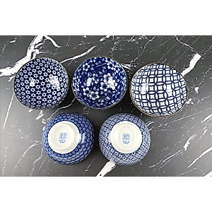 JapanBargain 4686, Japanese Porcelain Rice Bowls Gift Set, Traditional Japanese Inspired Pattern Miso Soup Bowls, Blue Color Salad, Set of 5, Made in Japan