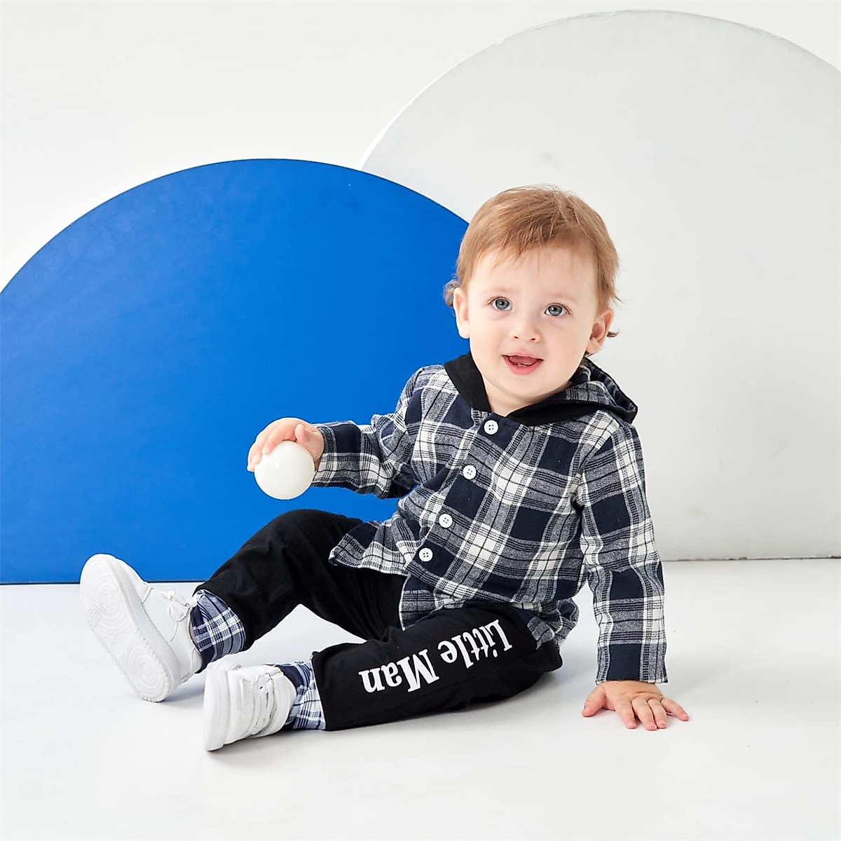 Axumity Toddler Boy Clothes Hoodie Sweatsuit Outfits Kids Flannel Plaid Shirt Top Colorblock Pants Set for Fall Winter Spring(3-4t)
